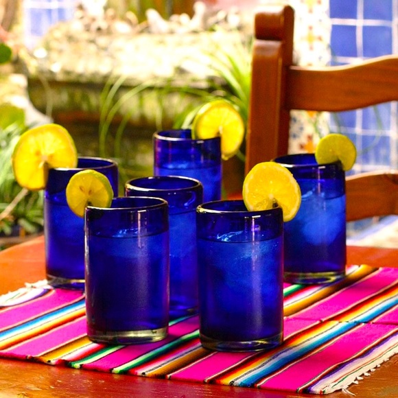 Dining | Hand Blown Mexican Bubble Glass Tumblers Cup Set Cobalt Blue ...